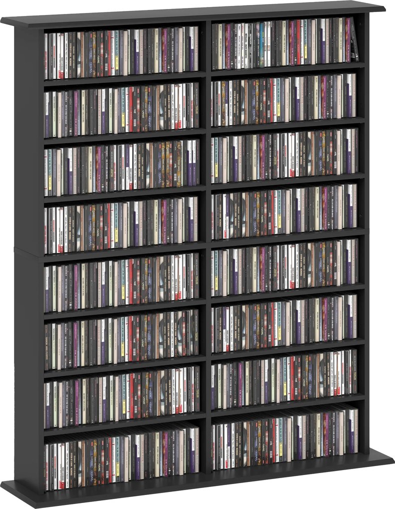 HOMCOM Moderní Knihovna s 16 Policemi pro 720 CD, Držák na CD z Dřevotřísky, 106,5x24x123,7 cm, Černá