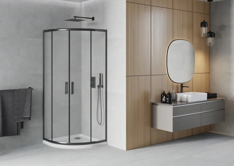 Mexen Rio, čtvrtkruhový sprchový kout s posuvnými dveřmi 80 (dveře) x 80 (dveře) x 190 cm, 5mm sklo námraza, černý profil + bílá sprchová vanička SLIM, 863-080-080-70-30-4110B