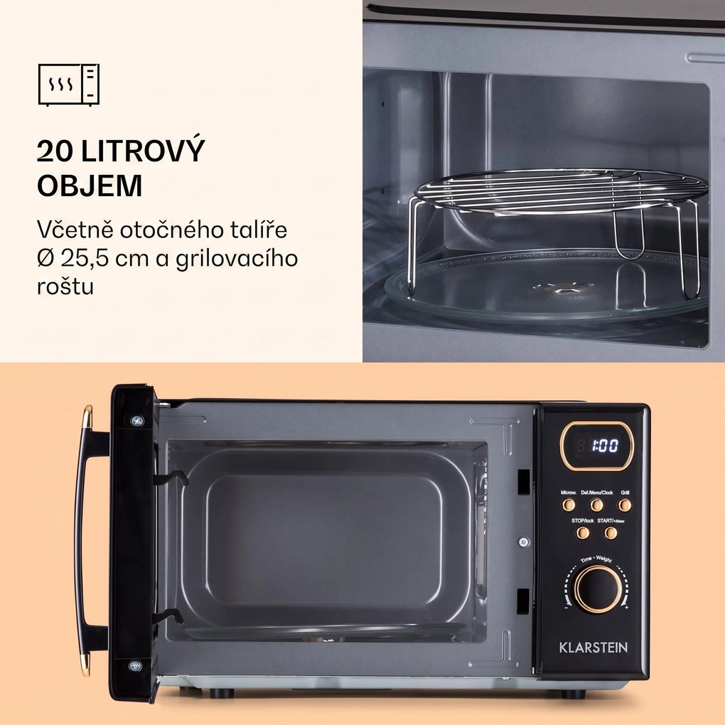 Klarstein Julieta, mikrovlnná trouba s grilem, 20 l, 700/800 W, Ø 25,5 cm, 8 programů