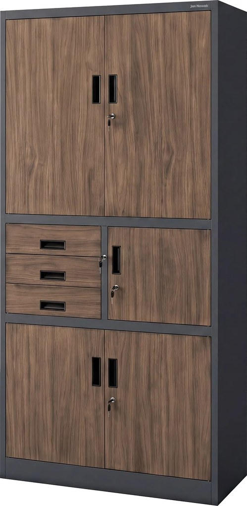 Kovová kancelářská skříň se sejfem antracitová, ořech, 900x1850x400 mm: FILIP II Eco Design