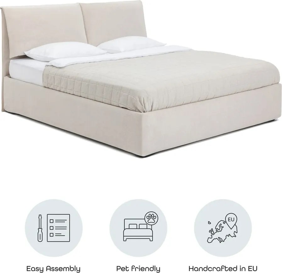 Béžová čalouněná dvoulůžková postel s úložným prostorem s roštem 160x200 cm Thessa Pillow - II. jakost – Bonami Selection
