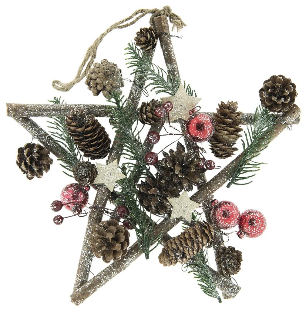 Závěsná vánoční dřevěná hvězda s dekoracemi - 30*5*30 cm