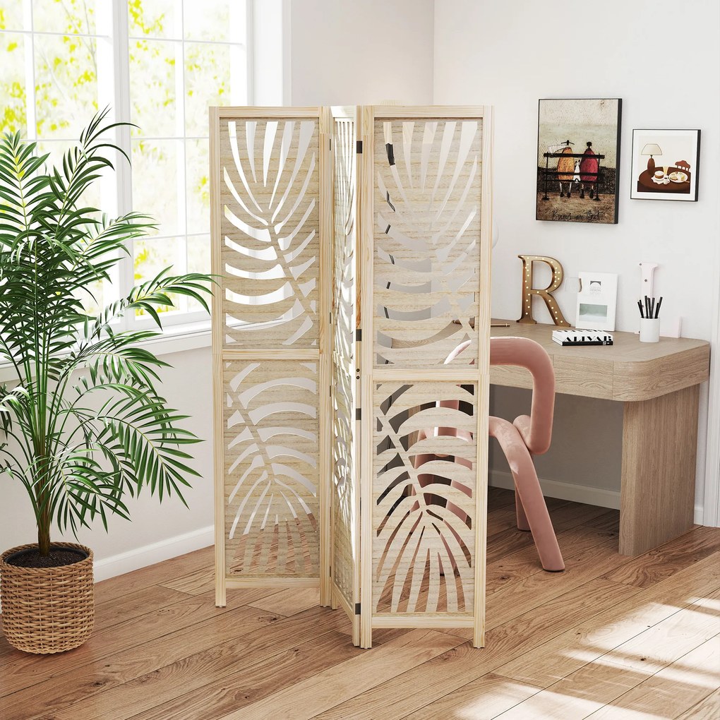 HOMCOM 3-panelový skládací paraván 120x170 cm s potiskem tropického palmového listu pro obývací pokoj, ložnici a kancelář v přírodní barvě