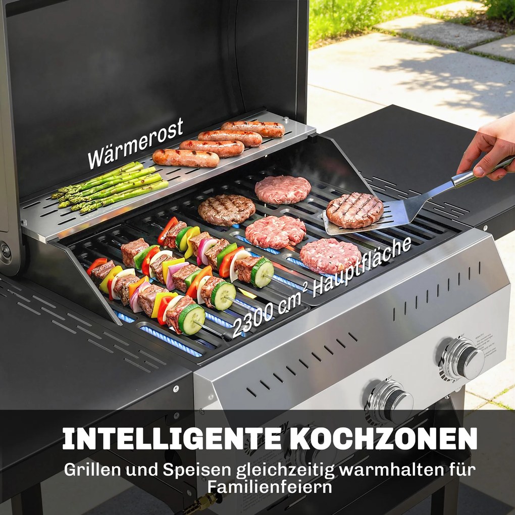 Outsunny Plynový gril 9 KW 3 hořáky BBQ grilovací vozík z nerezové oceli včetně skládacího bočního stolku držák na koření spodní police 6 háčků