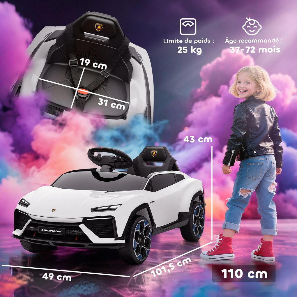 AIYAPLAY dětské elektrické auto Lamborghini 12V s 2,4G dálkovým ovládáním a 2 motory, max. 4 km/h, bílá