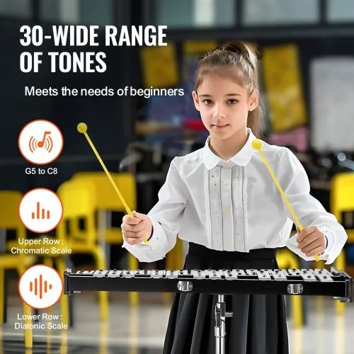 30 Note Glockenspiel xylofonový zvonek s paličkami, stojanem a cvičnou podložkou