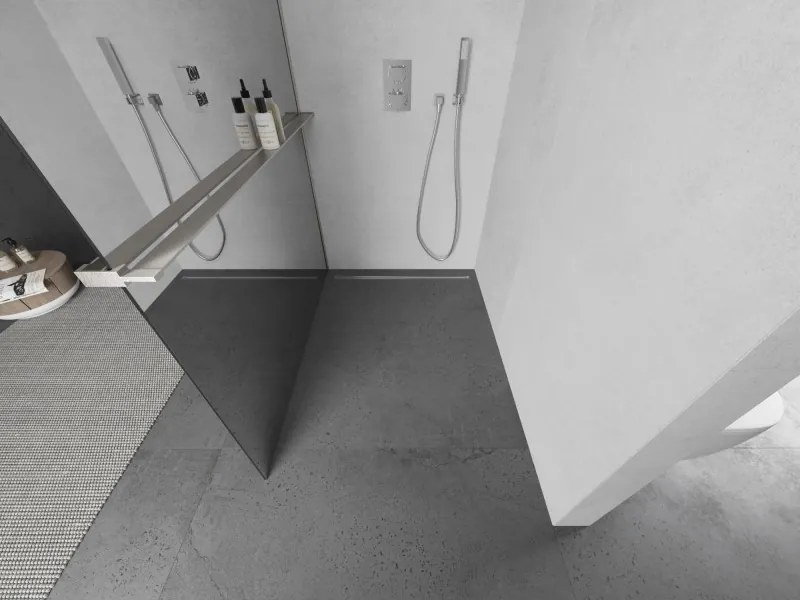 Mexen Kioto+, sprchová zástěna Walk-In s poličkou a věšákem 140 x 200 cm, 8mm sklo vzor zrcadlo, broušená ocel profil, 800-140-121-97-50