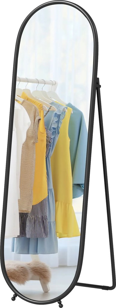 HOMCOM Zrcadlo v plné výšce, 160 x 40 cm nástěnné zrcadlo s podstavcem, kovový rám, oválné podlahové zrcadlo pro obývací pokoj a ložnici, černé | Aoso