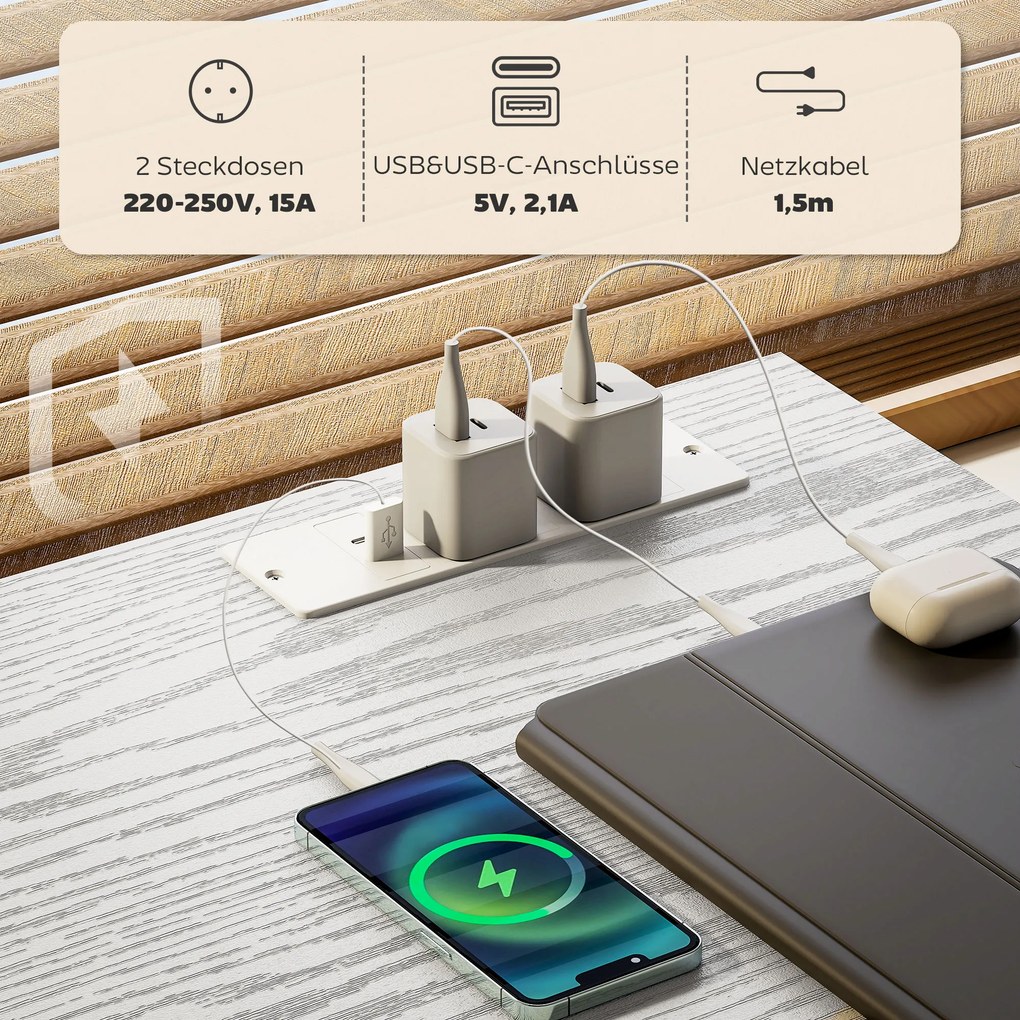 HOMCOM Psací stůl / kuchyňský stůl s 2 USB nabíjecími porty, 2 zásuvky, nastavitelné police, 3 látkové zásuvky, 120 x 40 x 76 cm, bílý