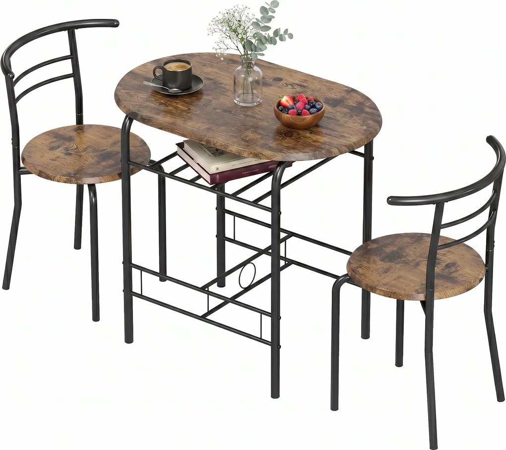 HOMCOM 3-Piece Dining Set – 31.5 in Table with 2 Chairs & Shelf, Rustic Brown, Ideal for Small Spaces | Aosom