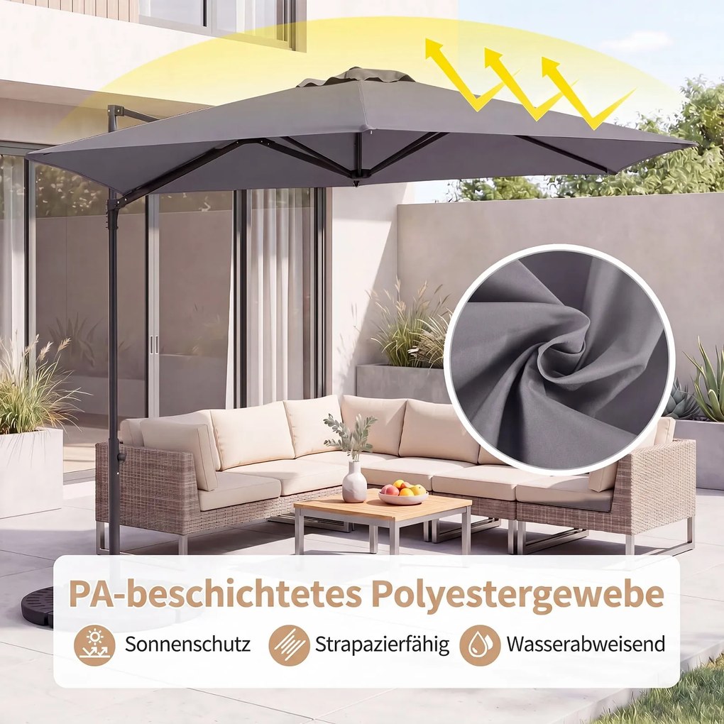 Costway Slunečník 290 cm se stojanem a dvojitou střechou 360° otočný, šedá