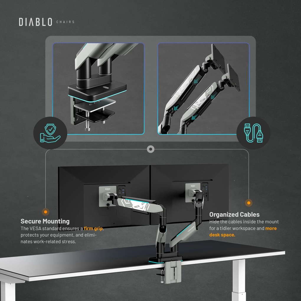Držák na dva monitory 35" RGB šedo-černý: Diablo X-Arm Dual