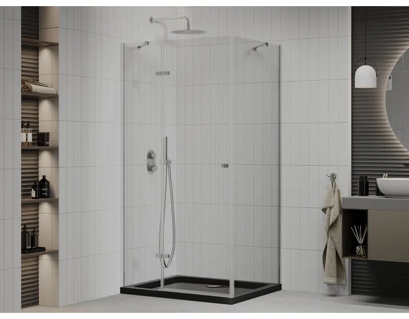 Mexen Roma, sprchový kout s křídlovými dveřmi 100 (dveře) x 90 (stěna) cm, 6mm čiré sklo, chromový profil + slim sprchová vanička černá + chromový sifon, 854-100-090-01-00-4070