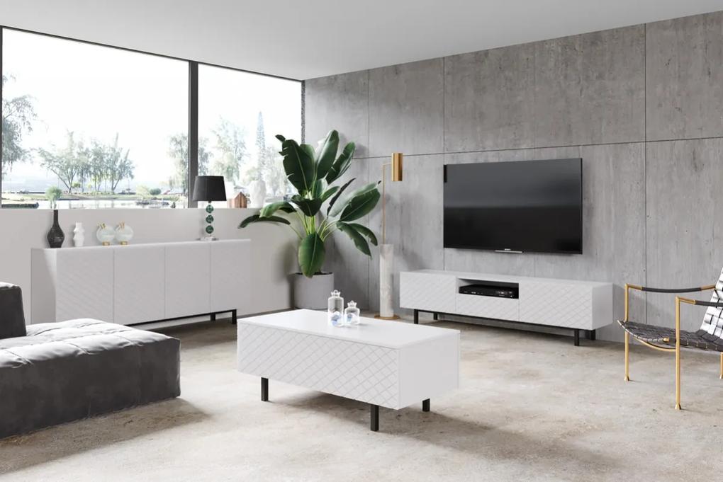 TV stolek Scalia II 190 cm s výklenkem - bílý mat / černý podstavec