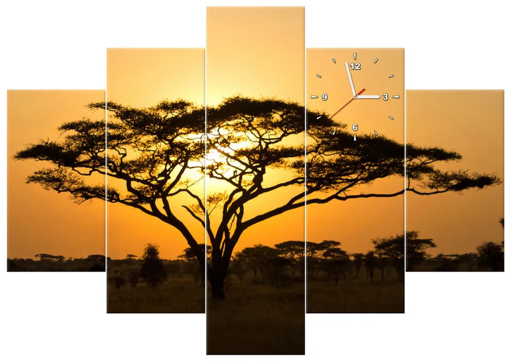 Gario Obraz s hodinami Akácie v Serengeti - 5 dílný Rozměry: 150 x 105 cm