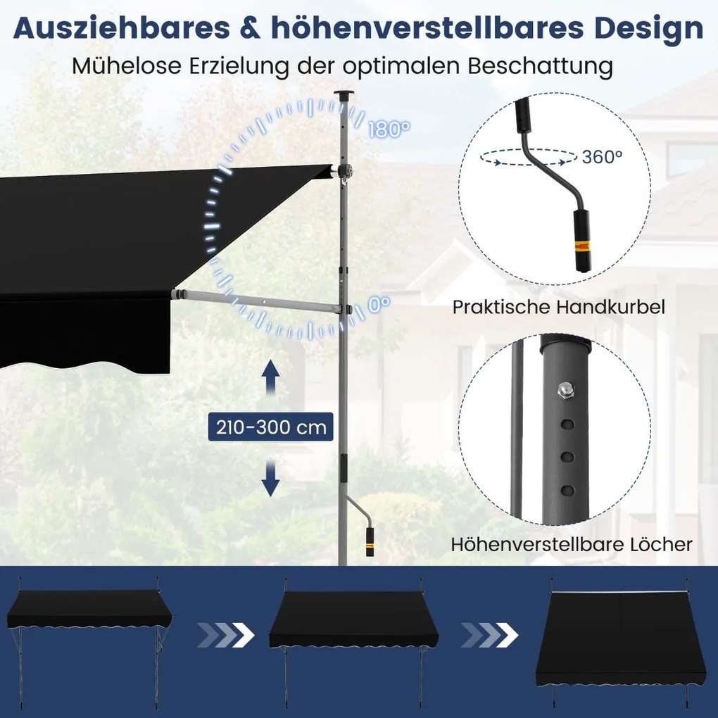 Costway Upínací markýza bez vrtání s ruční klikou, výškově nastavitelná – černý