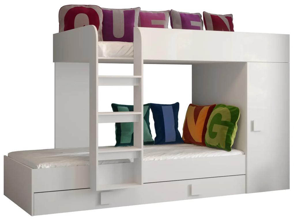 Dětská kombinovaná postel 90 cm Toreno 2 (bílá + bílý lesk + bílá lesklá madla). 1083316