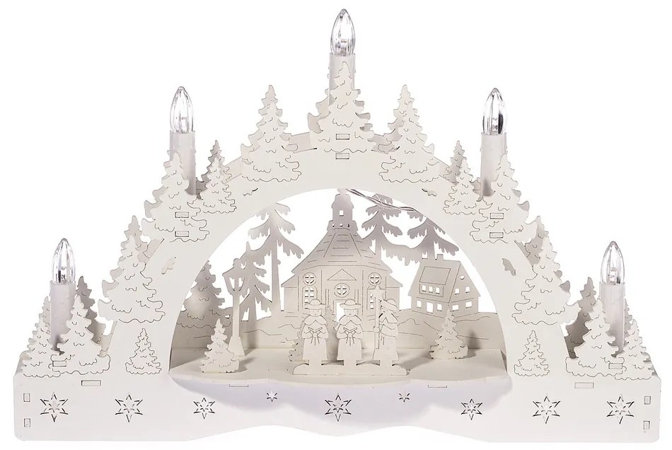 Vánoční LED svícen Zimní krajina, koledníci před kostelem, 35 x 23 x 7,5 cm