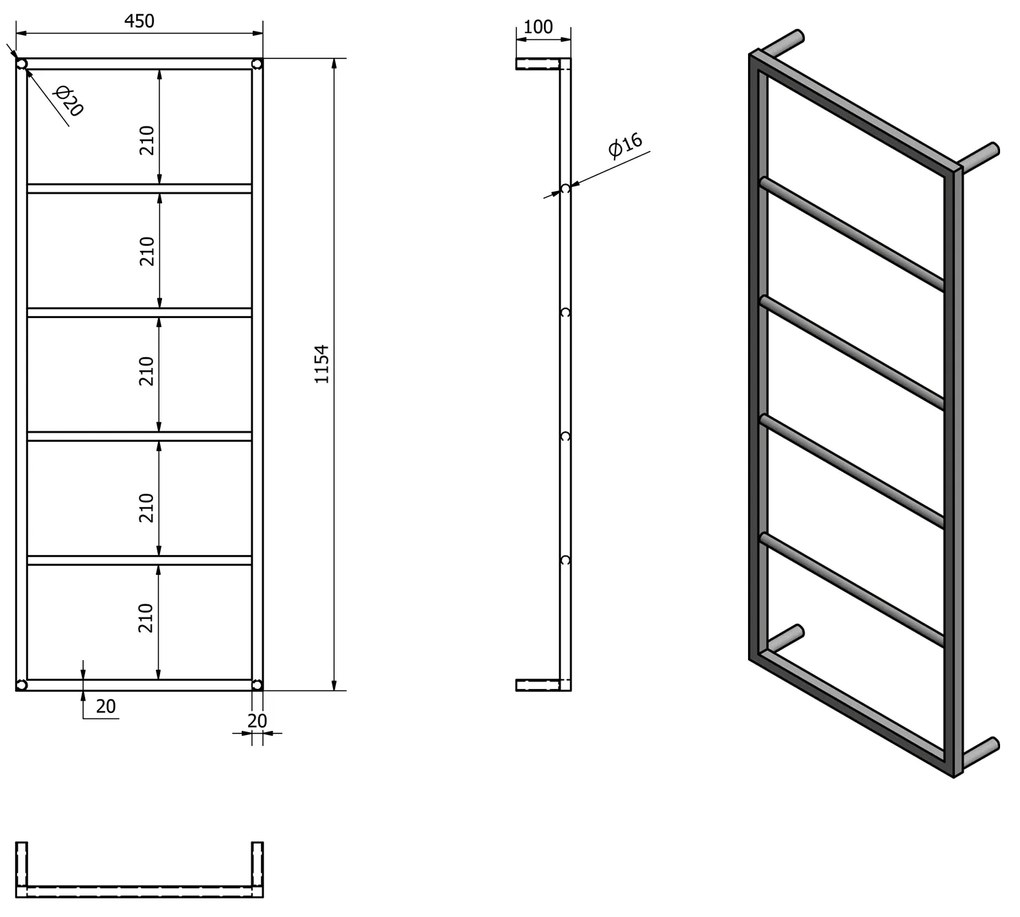 Sapho SKA nástěnný sušák ručníků 450x1150x100mm, černá mat - SKA501