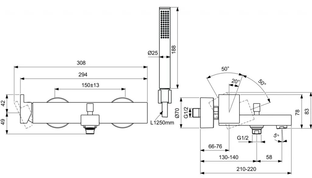 Ideal Standard Extra - Vanová baterie nástěnná se sprchovým setem, chrom BD514AA