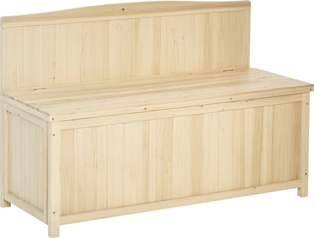 Outsunny Přírodní dřevěná zahradní lavice s úložným boxem a opěradlem, nosnost 250 kg, pro patio, terasu, balkon 115x45x75 cm | Aosom
