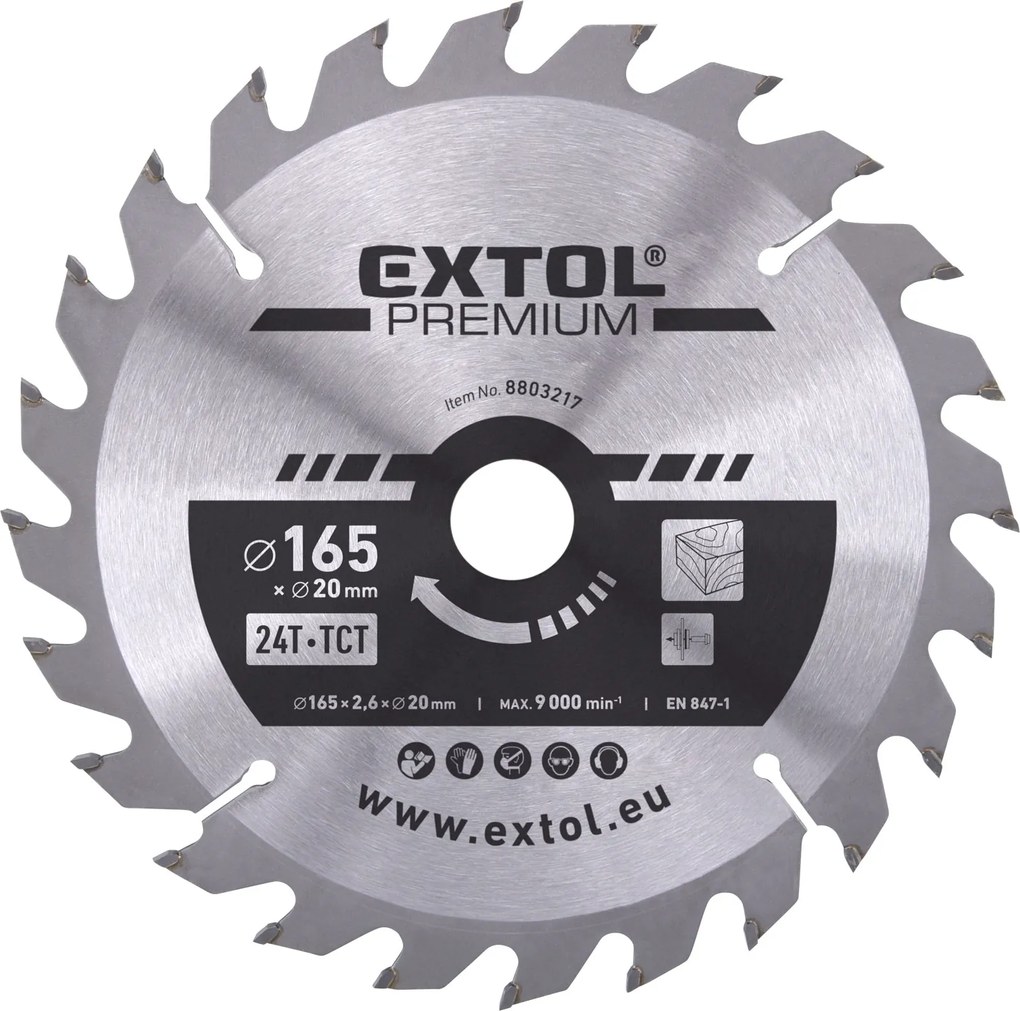 EXTOL PREMIUM pilový kotouč s SK plátky, 165x2,0x20mm, 24T, šířka SK plátků 2,8mm