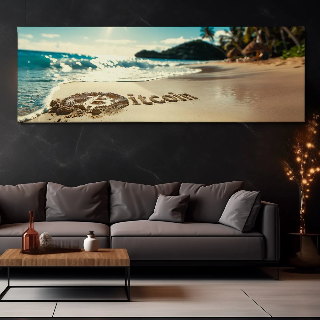 Obraz na plátně - Bitcoin Logo na pláži FeelHappy.cz Velikost obrazu: 150 x 50 cm