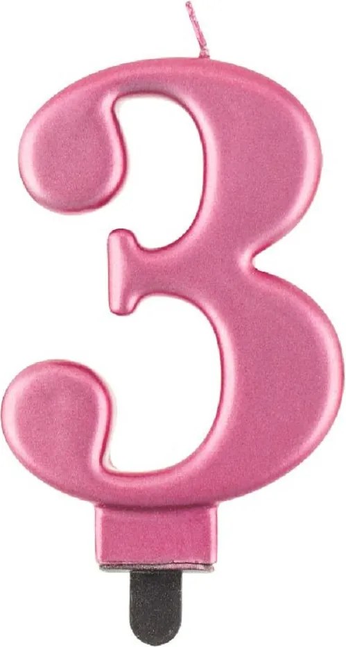 Svíčka dortová číslice 3 metalická, růžová 8 cm