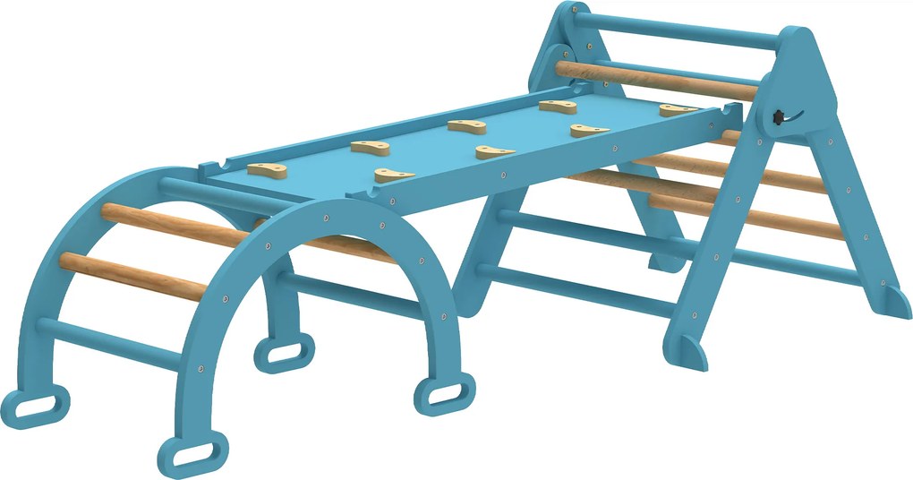 AIYAPLAY 7v1 skládací Montessori lezecí trojúhelník ze dřeva s obloukem a rampou pro děti 18-48 měsíců 188x70 cm modrá