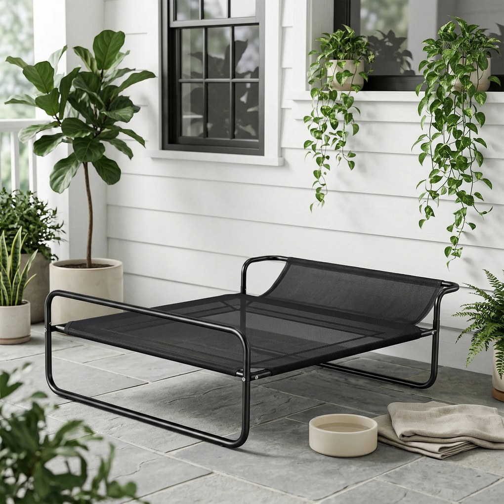 PawHut Dog Lounger Outdoor, vyvýšený pelíšek pro psy s prodyšným síťovaným potahem, pelíšek pro malé a střední psy černý 91 x 69 x 29 cm
