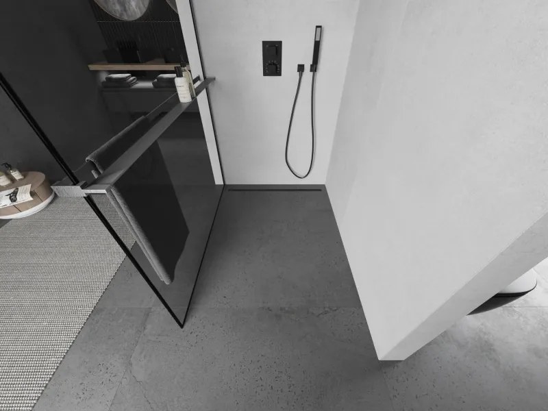 Mexen Kioto+, sprchová zástěna Walk-In s poličkou a věšákem 100 x 200 cm, 8mm čiré sklo černý vzor, grafitový profil, 800-100-121-66-70