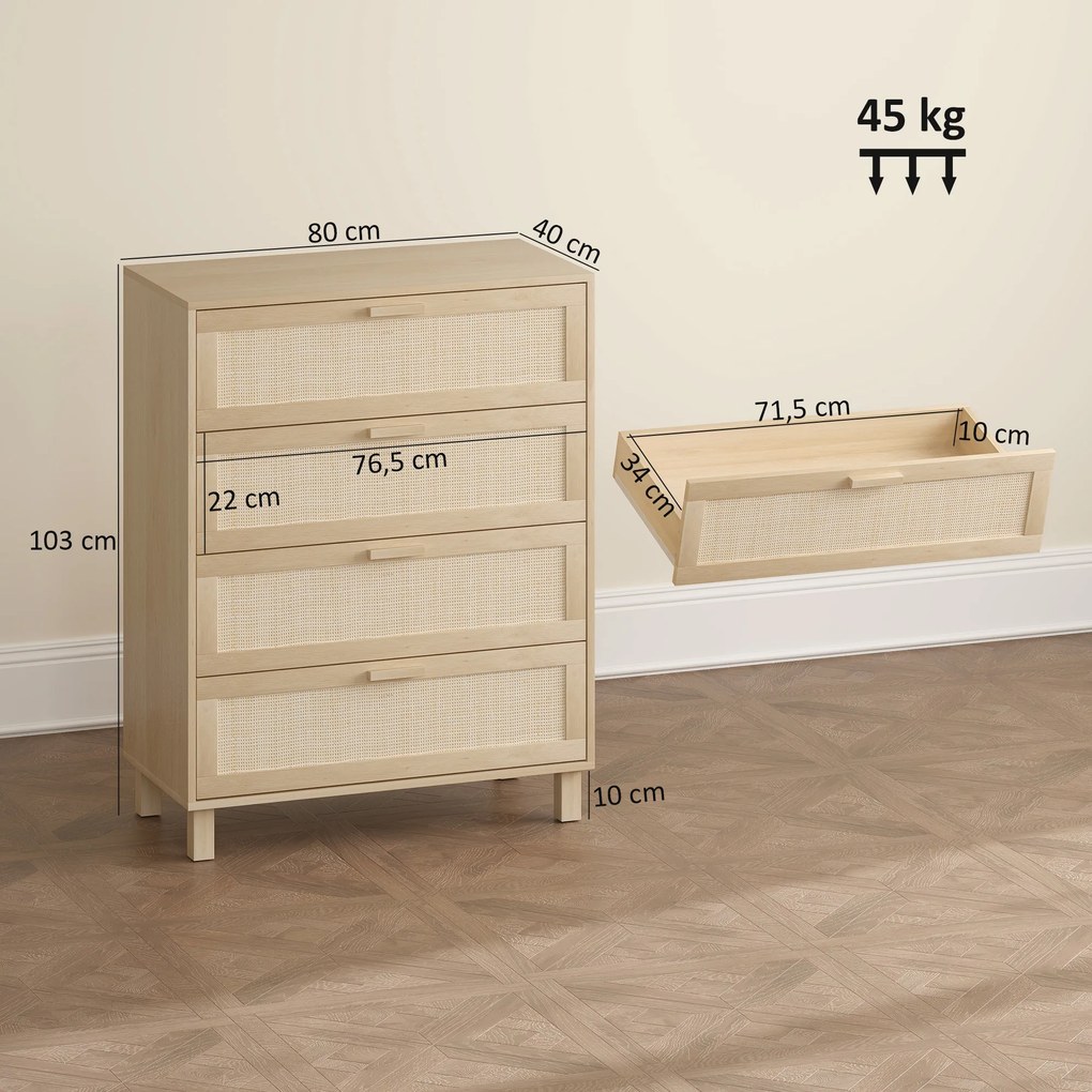 HOMCOM komoda se 4 zásuvkami, ratanový vzor, rozměry 80D x 40Š x 103V cm, MDF světlé dřevo