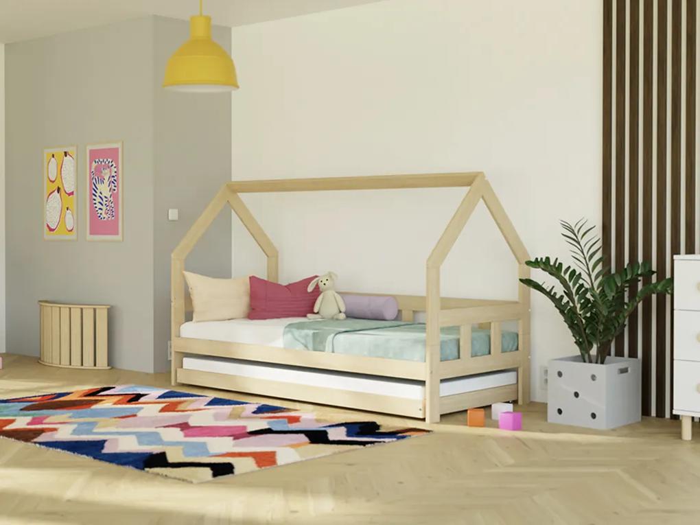 Benlemi Dětská postel domeček FENCE 2v1 ze dřeva se zábranou a přistýlkou Zvolte barvu: Pastelově růžová, Zvolte rozměr: 90x200 cm, Zvolte zábranu: S jednou zábranou