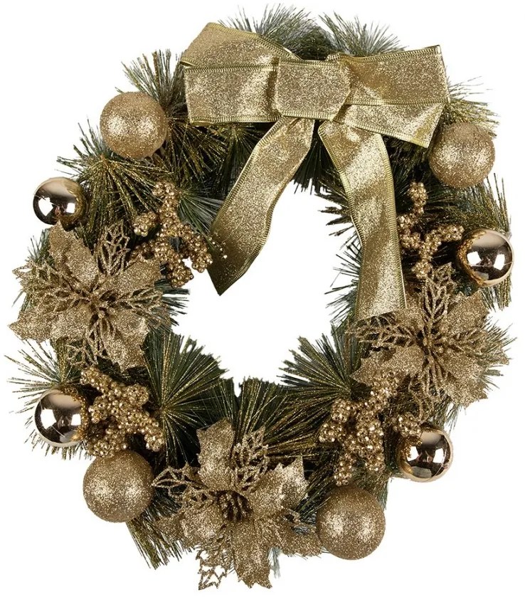 Zeleno-zlatý vánoční věnec s mašlí a koulemi Christmas Wreath - Ø 40*10 cm