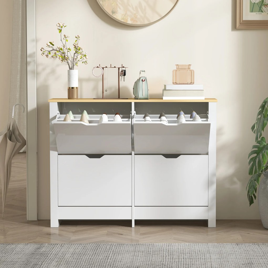 HOMCOM úzký botník s 4 výklopnými přihrádkami – úsporný regál na boty až pro 16 párů, 105 × 26 × 80 cm (bílá / přírodní)