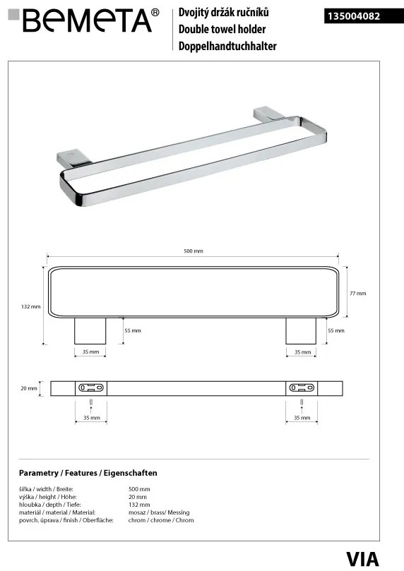 Bemeta Design VIA: Držák ručníků, 500 mm, dvojitý -