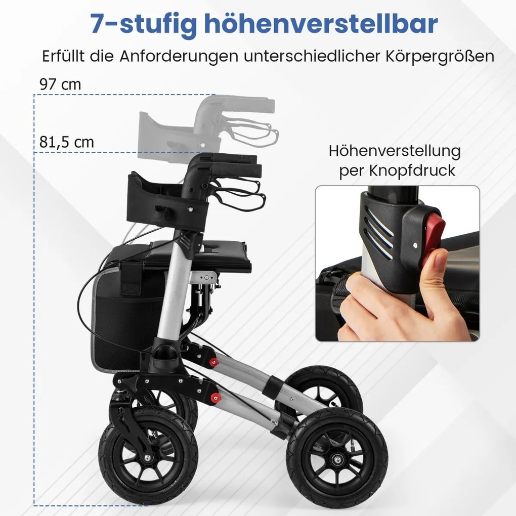 Costway Rollator s pneumatikami, skládací a lehký s hliníkovým – stříbro