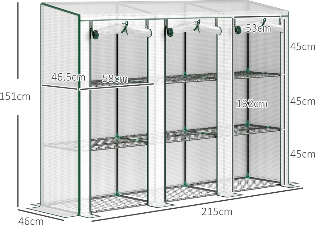 Outsunny 3patrový PVC skleník s ocelovým rámem, 2 rolovací dveře na zip — 215 x 46 x 151 cm, bílý