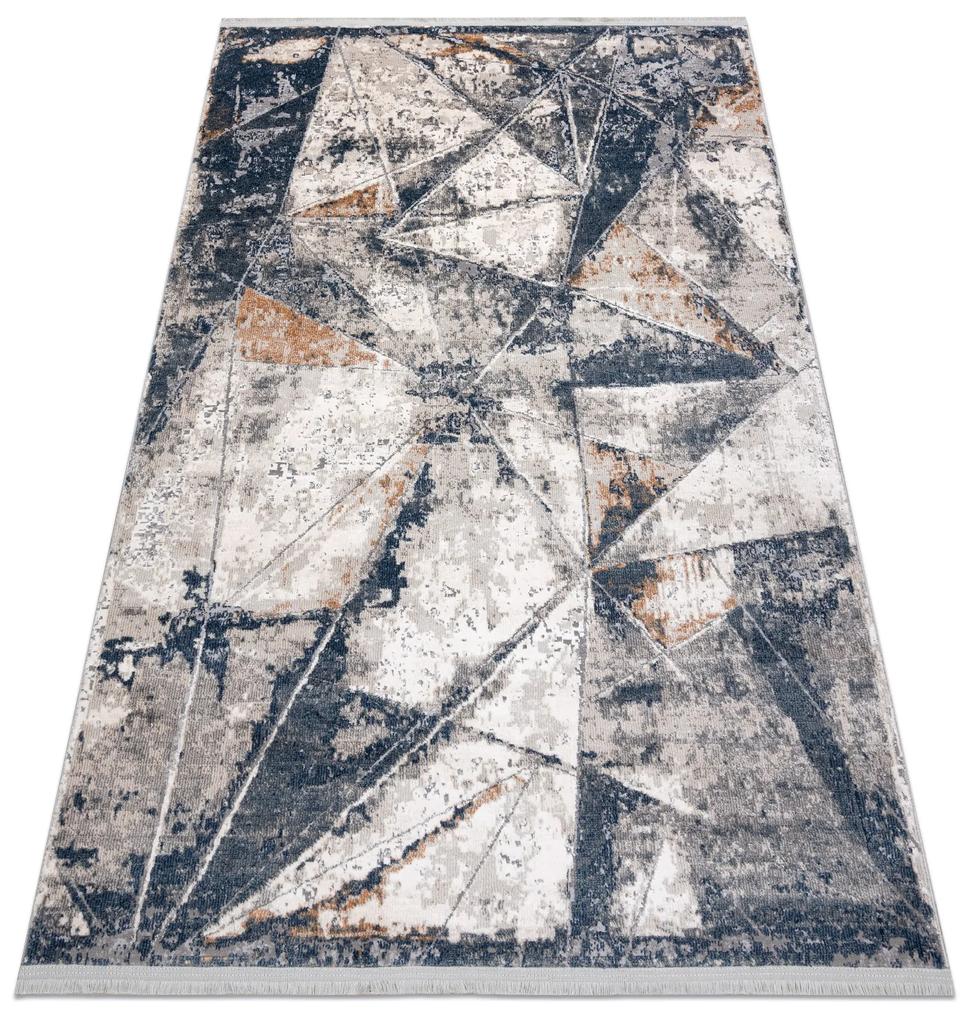 Koberce Łuszczów Moderní koberec REBEC 51176A Geometrický, Trojúhelníky, střapce, dvě vrstvy rouna, krémová, tmavě modrá 80x150 cm