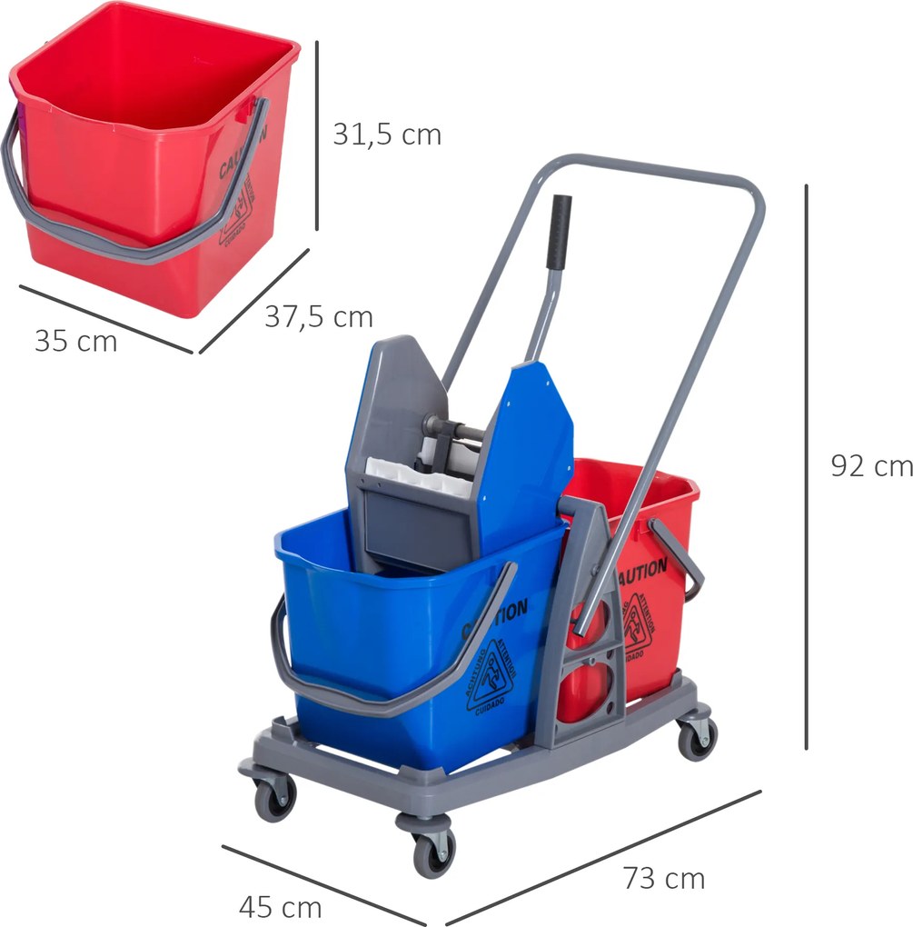 HOMCOM Úklidový vozík se 2 kbelíky a 4 kolečky, kov/PP, modrý/červený, 73x45x92cm pro efektivní úklid| Aosom