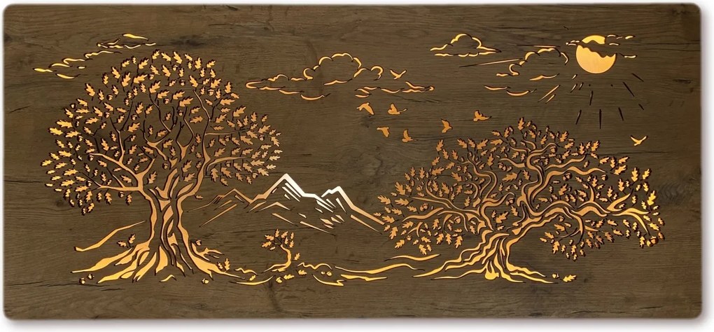 Li-Go "Tři duby" světelný obraz s baterií 110x50 cm varianta ovládání: manuál/pohybové čidlo, provedení povrchu: bříza