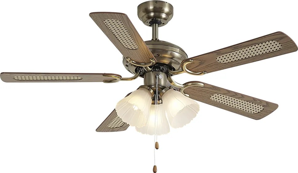 Mosazný stropní ventilátor s dřevěným potiskem a ratanem 105 cm s tahovým spínačem - Mistral Lia