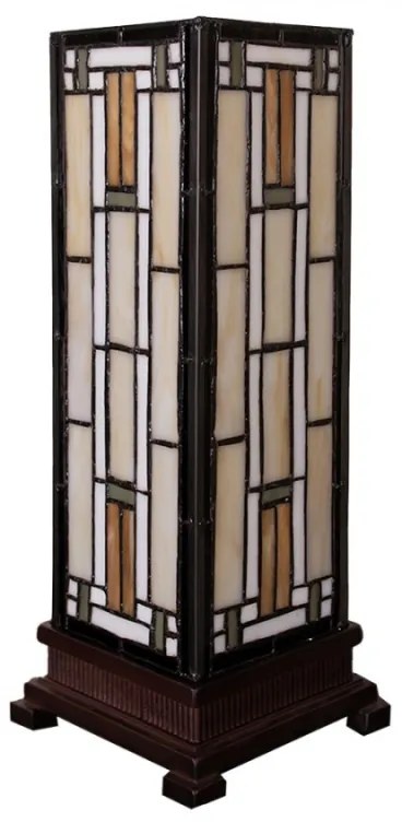 Stolní lampa Tiffany Zuria béžovo hnědá art deco ve tvaru hranolu – 12x12x35 cm