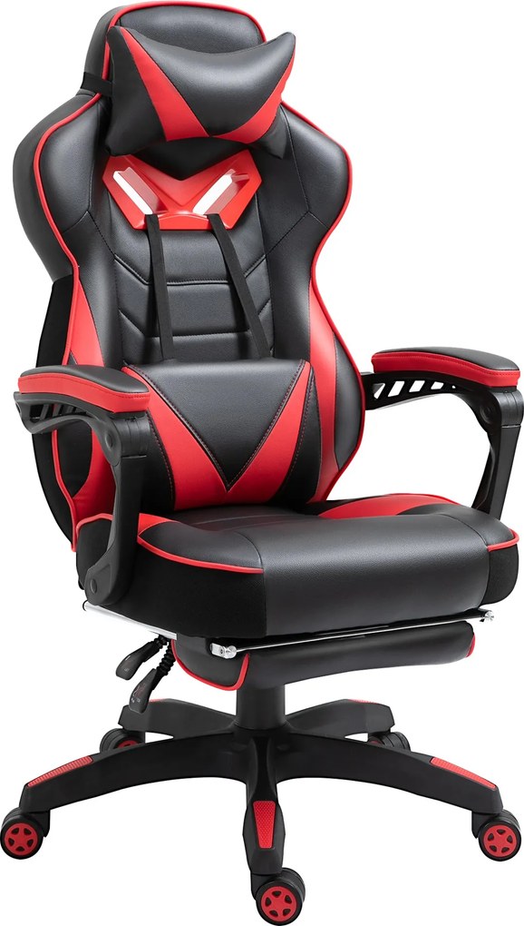 Ergonomická kancelářská židle Vinsetto, herní židle, otočná židle s výsuvným podnožím a nastavitelným opěradlem, pěna+PU kůže+kov, Černá+Červená, 65 x