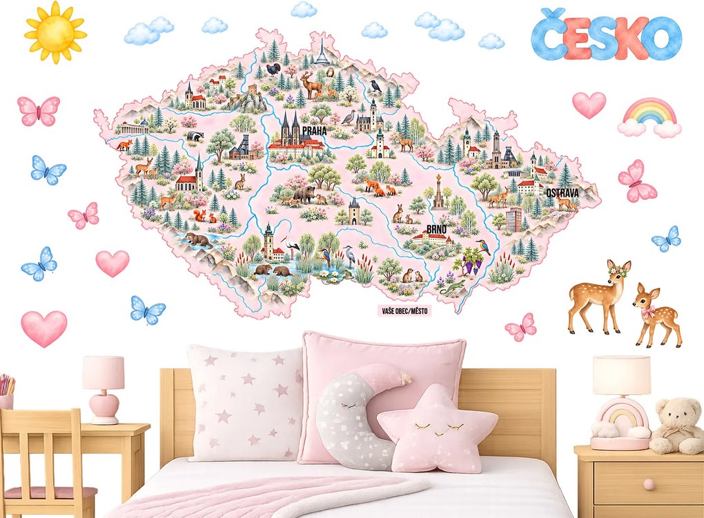 Mapa Česko pro holky dětské samolepky na stěnu arch 75 x 43 cm