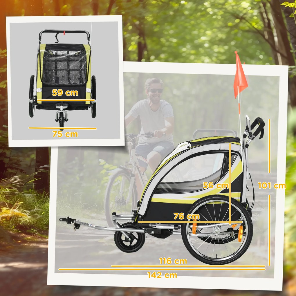 HOMCOM Dětský cyklistický přívěs 2 v 1 s odpružením, síťované dveře, přední kolo otočné o 360°, brzda, žlutá+černá, 142x75x101cm