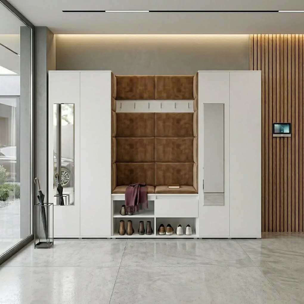 Předsíňová stěna Trinity 10 s čalouněnými panely, 280 cm, bílá / béžová