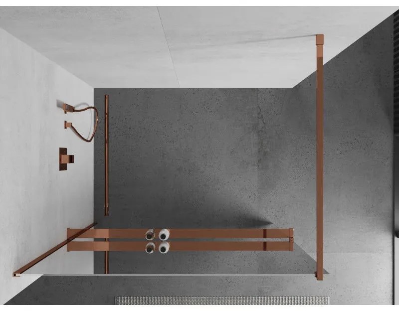 Mexen Kioto+, sprchová zástěna s poličkou a držákem na ručníky 110 x 200 cm, 8mm sklo vzor zrcadlo, profil růžové zlato, 800-110-121-60-50