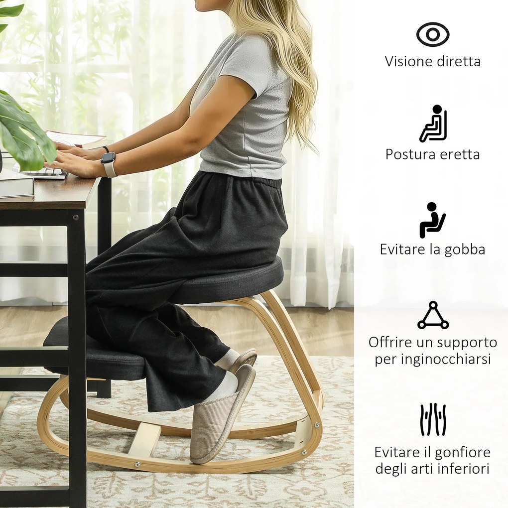 HOMCOM Ergonomická houpací kolenící židle v lněné efekt tkanině a z březového dřeva, 50x73x55 cm, Černá