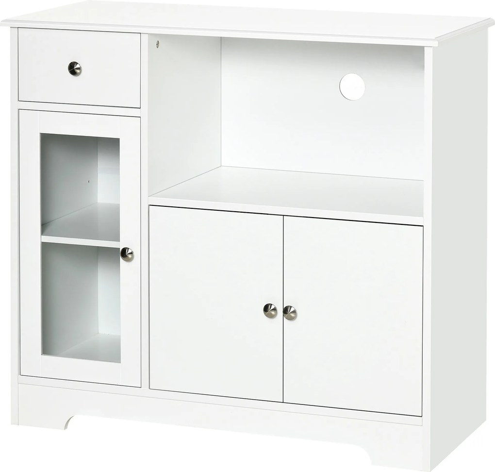 HOMCOM Mikrovlnná Skříň, Kuchyňský Bufet, Úložná Skříň pro Kuchyni, Jídelnu 90 x 40 x 82 cm S Skleněnými Dveřmi a Dřevem, Bílá